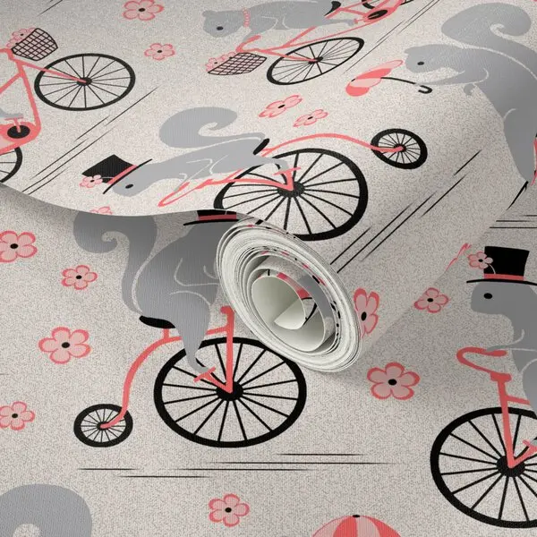 Spoonflower Squirrel Bicycle Cycling Bike Custom Removable Wallpaper - Gray,red