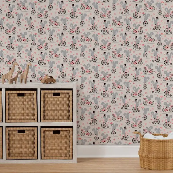 Spoonflower Squirrel Bicycle Cycling Bike Custom Removable Wallpaper