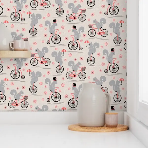 Spoonflower Squirrel Bicycle Cycling Bike Custom Removable Wallpaper