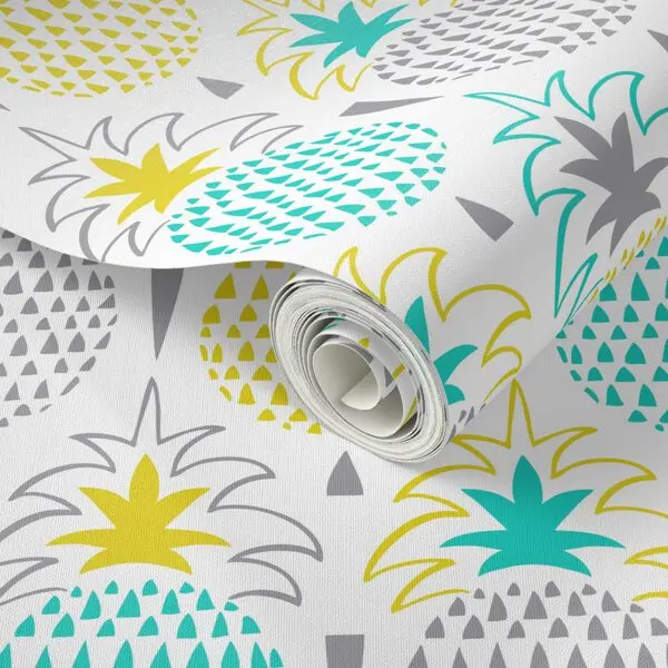 Spoonflower Fresh Summer Pineapple Geometric Aqua Yellow Custom Pre-pasted Wallpaper - Blue,yellow,gray