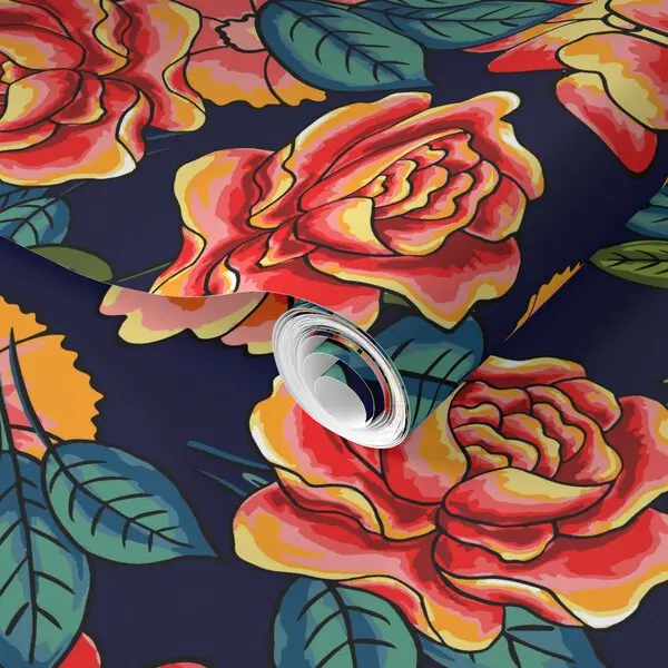 Spoonflower Green Blue Yellow Flowers Leaves Red Floral Traditional Wallpaper - Blue,orange,red
