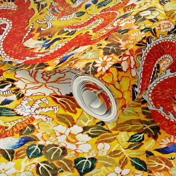 Spoonflower Dragon Floral Flowers Oriental Chinese Japanese Custom Removable Wallpaper - Orange,brown,red
