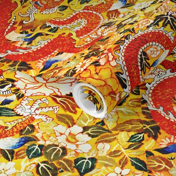 Spoonflower Dragon Floral Flowers Oriental Chinese Japanese Custom Removable Wallpaper - Orange,brown,red