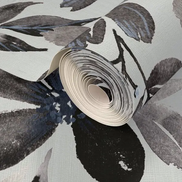 Spoonflower Tone Watercolor Flowers Large 100% Natural Sisal Grasscloth Wallcovering - Gray,white