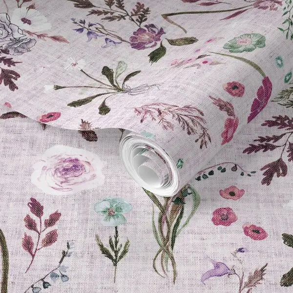 Spoonflower Violet Vintage Flowers Floral Purple Winter Rose Custom Removable Wallpaper - Purple,green,white