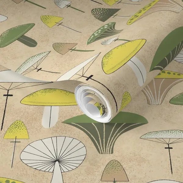 Spoonflower Mid Century Mushrooms Fungus Fungi Toadstool Custom Removable Wallpaper - Beige,green