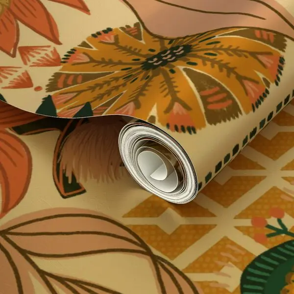 Spoonflower Gold Tropical Mustard Mandala Bohemian Coral Boho Custom Removable Wallpaper - Green