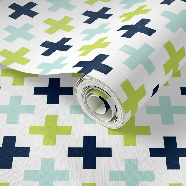 Spoonflower Lime Green And Navy Swiss Cross Plus Addition Custom Pre-pasted Wallpaper - Blue,green,teal
