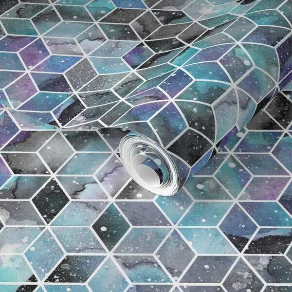 Spoonflower Blue Watercolor Space Hexagons Hexagon Cube Custom Pre-pasted Wallpaper - Blue,black