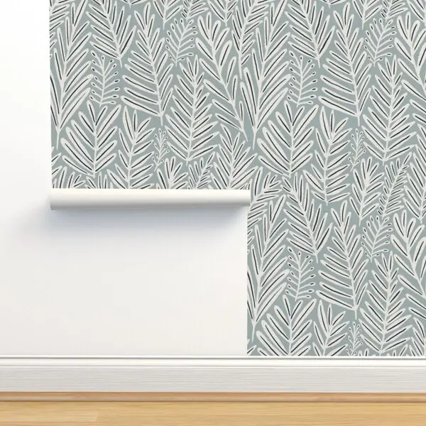 Spoonflower Shirley Leaves 100% Natural Sisal Grasscloth Wallcovering - Blue