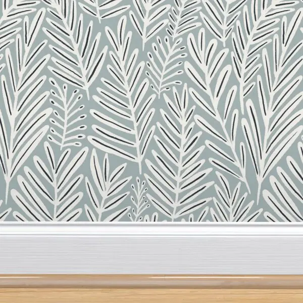 Spoonflower Shirley Leaves 100% Natural Sisal Grasscloth Wallcovering - Blue