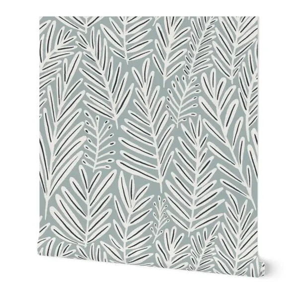 Spoonflower Shirley Leaves 100% Natural Sisal Grasscloth Wallcovering - Blue