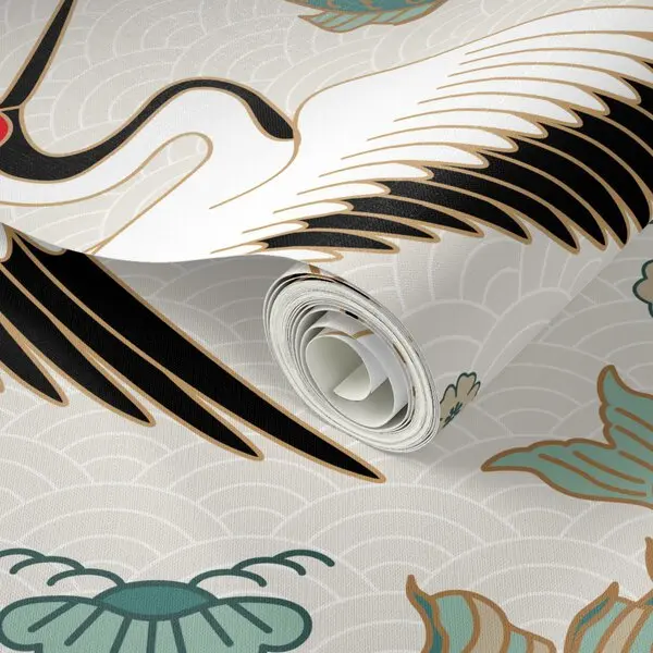 Spoonflower Asian Birds Japan Crane Cranes Style Large Traditional Wallpaper - Gray,green,mint