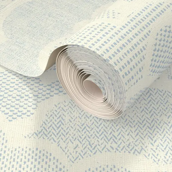 Spoonflower Clouds Wallpaper Cotton Sky Nursery Texture 100% Natural Sisal Grasscloth Wallcovering - Blue