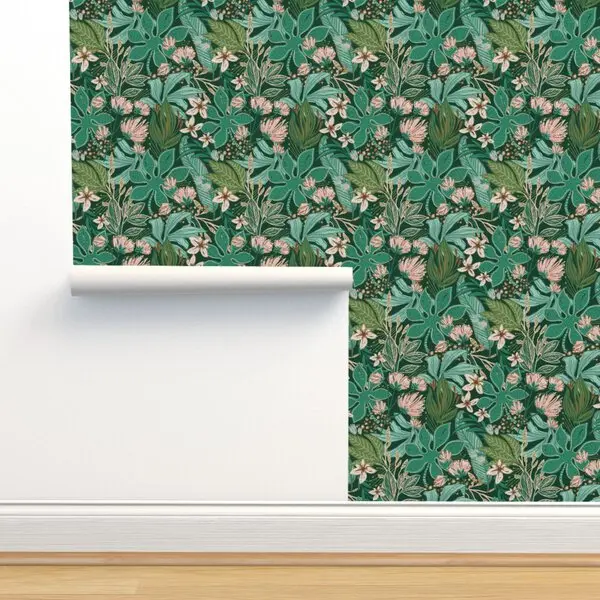 Spoonflower Tropical On Green Dh 100% Natural Sisal Grasscloth Wallcovering
