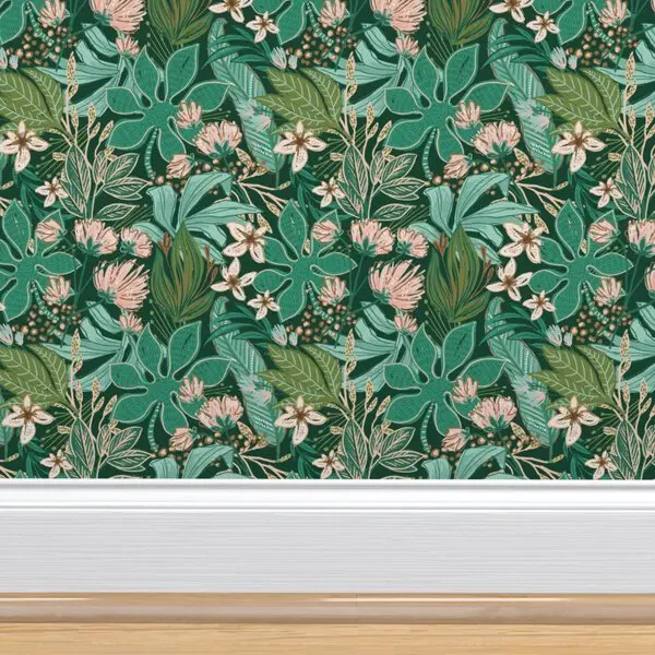 Spoonflower Tropical On Green Dh 100% Natural Sisal Grasscloth Wallcovering