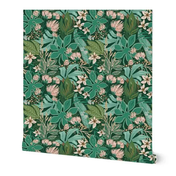 Spoonflower Tropical On Green Dh 100% Natural Sisal Grasscloth Wallcovering