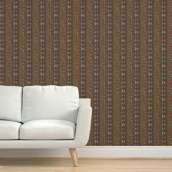 Spoonflower Small African Tribal Brown 100% Natural Sisal Grasscloth Wallcovering - Brown,green