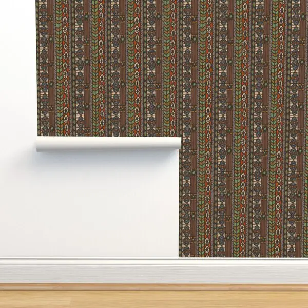 Spoonflower Small African Tribal Brown 100% Natural Sisal Grasscloth Wallcovering - Brown,green