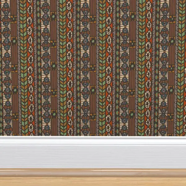 Spoonflower Small African Tribal Brown 100% Natural Sisal Grasscloth Wallcovering - Brown,green