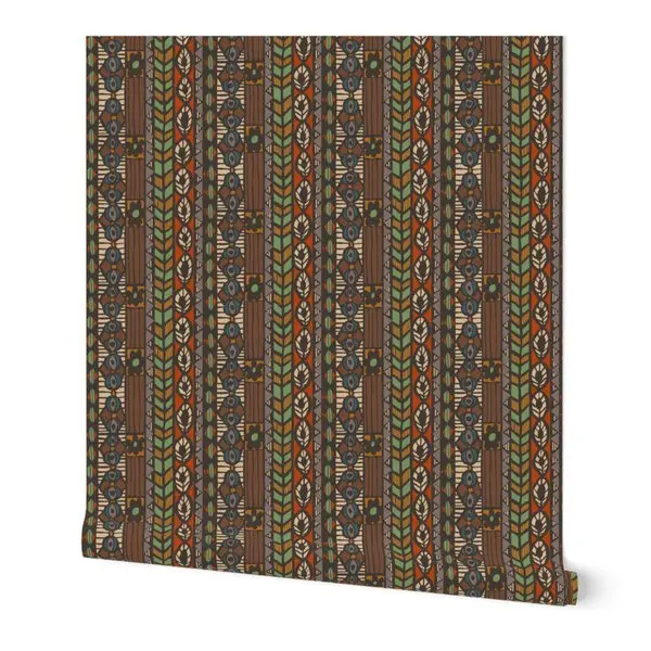 Spoonflower Small African Tribal Brown 100% Natural Sisal Grasscloth Wallcovering - Brown,green