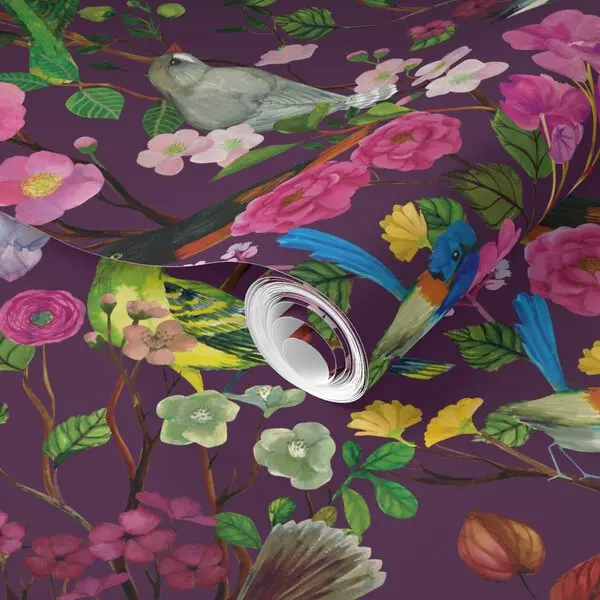 Spoonflower Flowers Floral Birds Chinoiserie Hand Painted Traditional Wallpaper - Purple,pink,green