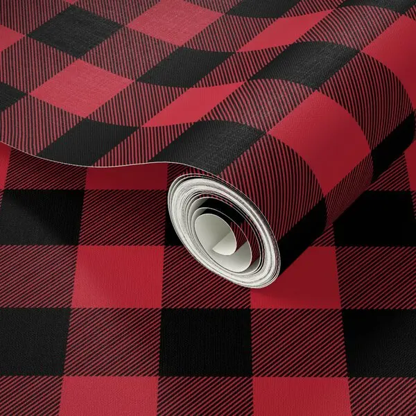 Spoonflower Buffalo Plaid Happy Camper Collection Red Black Traditional Wallpaper - Red,black,brown