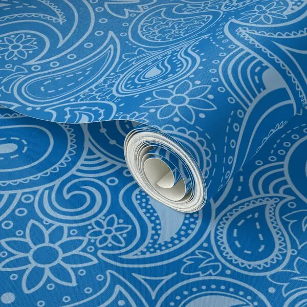 Spoonflower Bandana Paisley Light And Dark Fun Pleasant Custom Pre-pasted Wallpaper - Blue