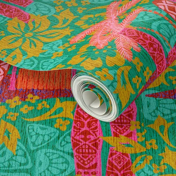 Spoonflower Tiki Hut Surf 60s Hawaiian Wild Colors Teal And Custom Pre-pasted Wallpaper - Green,coral,red