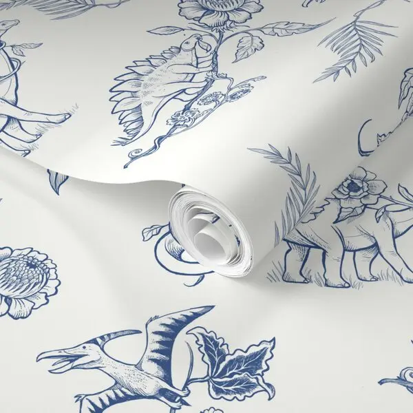 Spoonflower Flowers Toile Dinosaurs Stegosaurus Triceratops Traditional Wallpaper - Mint,blue,gray