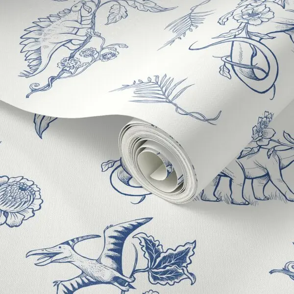Spoonflower Flowers Toile Dinosaurs Stegosaurus Triceratops Traditional Wallpaper - Mint,blue,gray