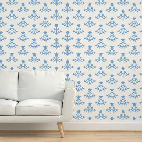 Spoonflower Tulip Reverse Cerulean Blue 100% Natural Sisal Grasscloth Wallcovering