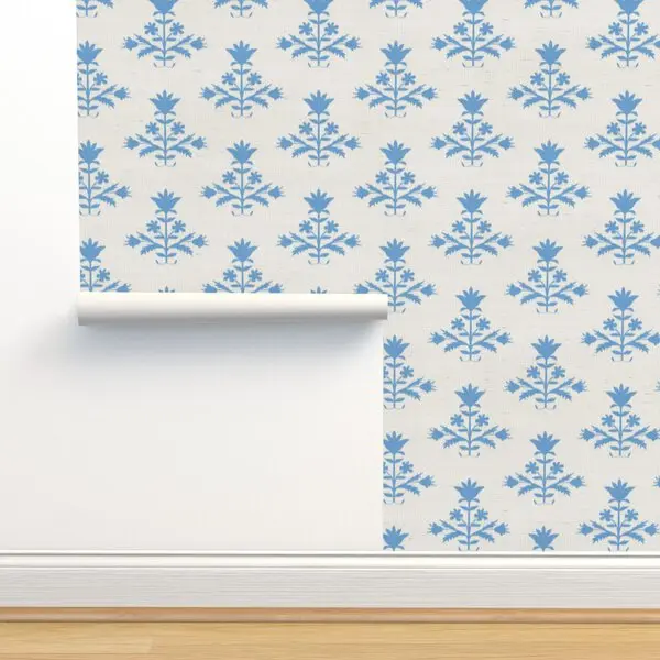Spoonflower Tulip Reverse Cerulean Blue 100% Natural Sisal Grasscloth Wallcovering