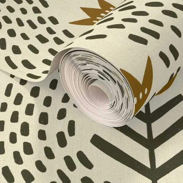 Spoonflower Scandi Flower Vanilla With Pecan And Deep Olive 100% Natural Sisal Grasscloth Wallcovering - Tan,gold,black