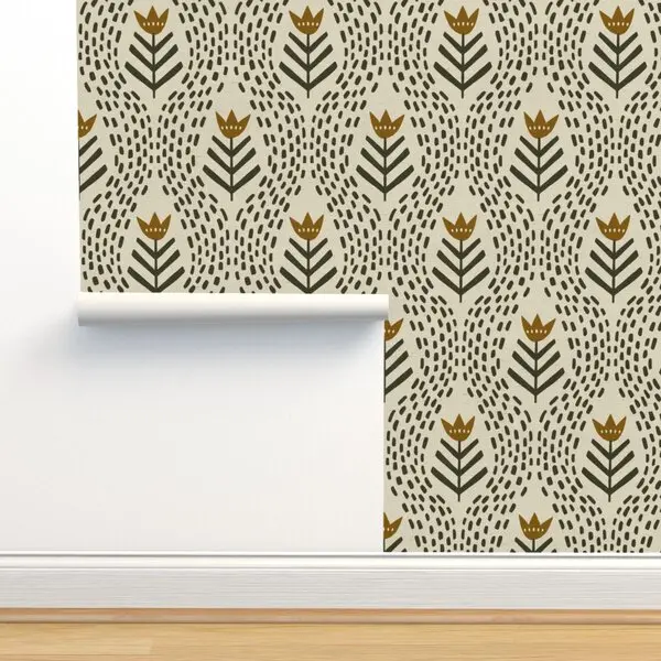 Spoonflower Scandi Flower Vanilla With Pecan And Deep Olive 100% Natural Sisal Grasscloth Wallcovering - Tan,gold,black