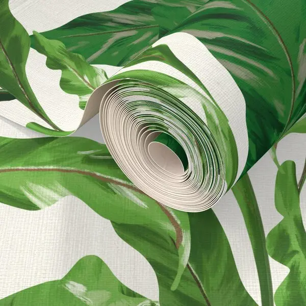 Spoonflower Tropical Green Leaves 100% Natural Sisal Grasscloth Wallcovering - White,green
