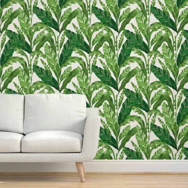 Spoonflower Tropical Green Leaves 100% Natural Sisal Grasscloth Wallcovering - White,green