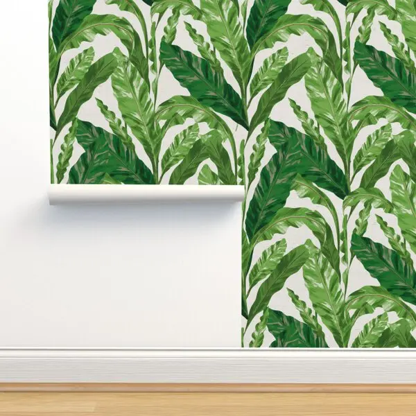 Spoonflower Tropical Green Leaves 100% Natural Sisal Grasscloth Wallcovering - White,green