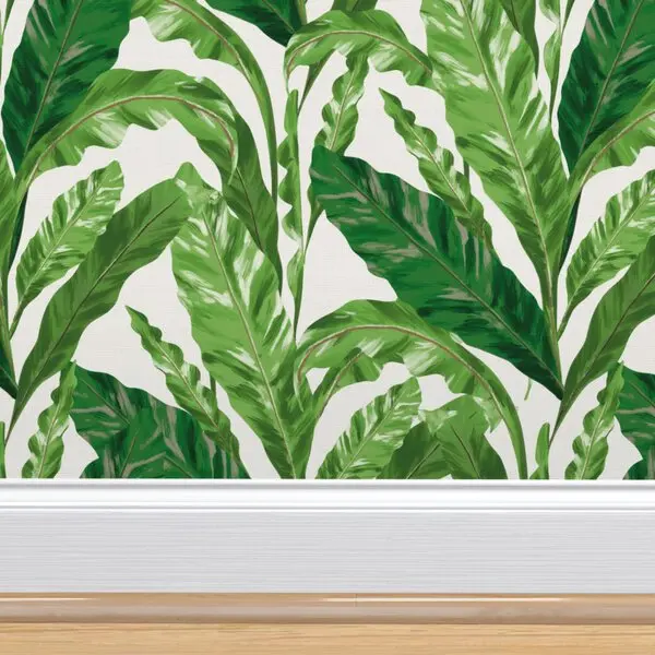 Spoonflower Tropical Green Leaves 100% Natural Sisal Grasscloth Wallcovering - White,green