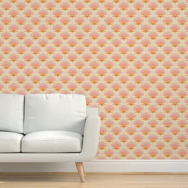 Spoonflower Small Aara Palm Floral Natural Pink 100% Natural Sisal Grasscloth Wallcovering - Pink,white