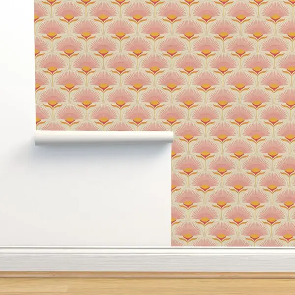 Spoonflower Small Aara Palm Floral Natural Pink 100% Natural Sisal Grasscloth Wallcovering - Pink,white