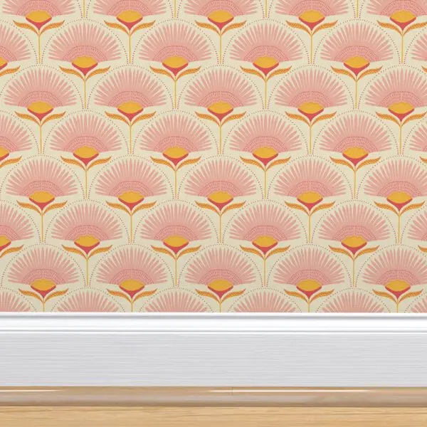 Spoonflower Small Aara Palm Floral Natural Pink 100% Natural Sisal Grasscloth Wallcovering - Pink,white