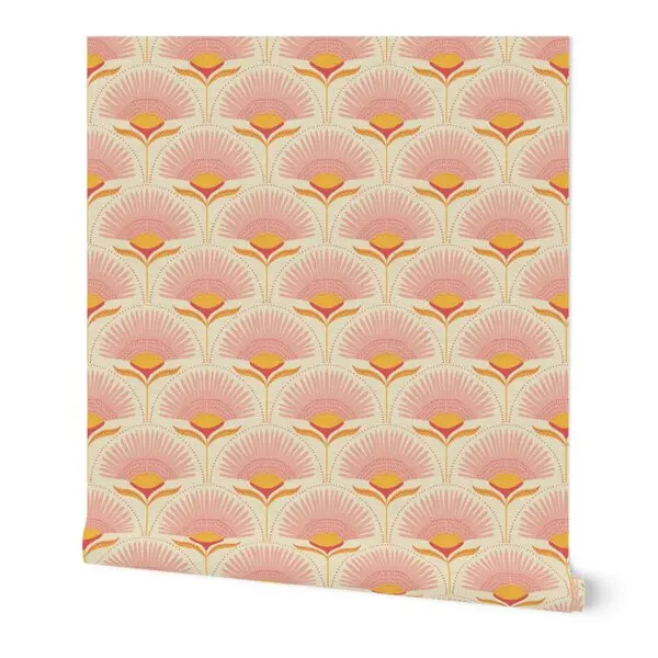 Spoonflower Small Aara Palm Floral Natural Pink 100% Natural Sisal Grasscloth Wallcovering - Pink,white