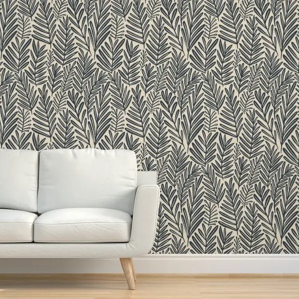 Spoonflower Shirley Leaves Monochrome 100% Natural Sisal Grasscloth Wallcovering - Beige,white