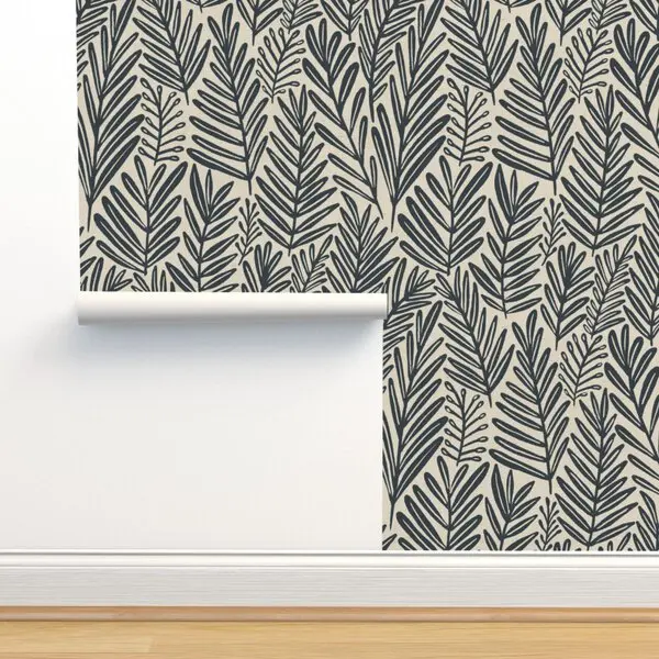 Spoonflower Shirley Leaves Monochrome 100% Natural Sisal Grasscloth Wallcovering - Beige,white