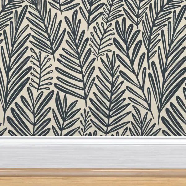 Spoonflower Shirley Leaves Monochrome 100% Natural Sisal Grasscloth Wallcovering - Beige,white