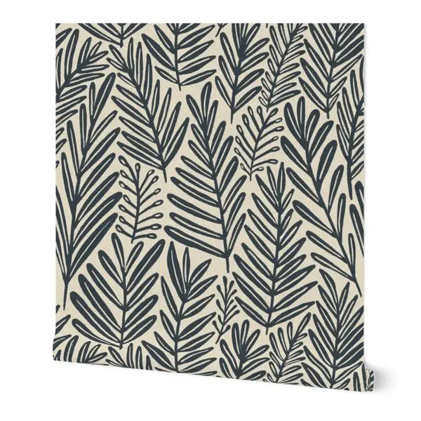 Spoonflower Shirley Leaves Monochrome 100% Natural Sisal Grasscloth Wallcovering - Beige,white