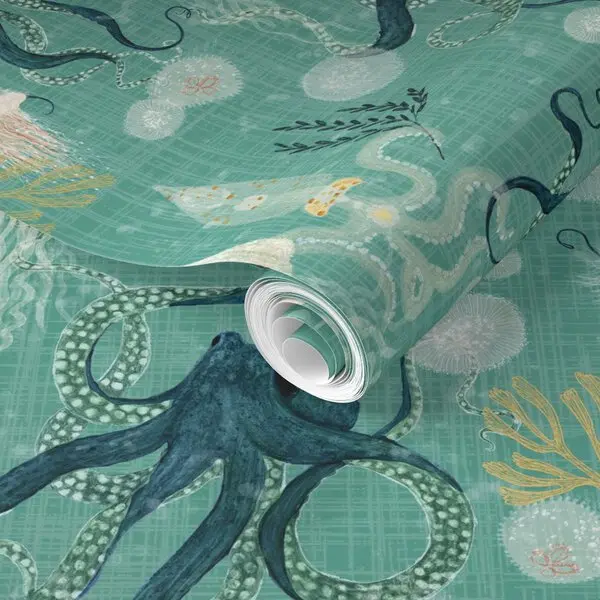 Spoonflower Green Blue Teal Sea Ocean Octopus Jelly Fish Custom Pre-pasted Wallpaper - Blue,sage,green
