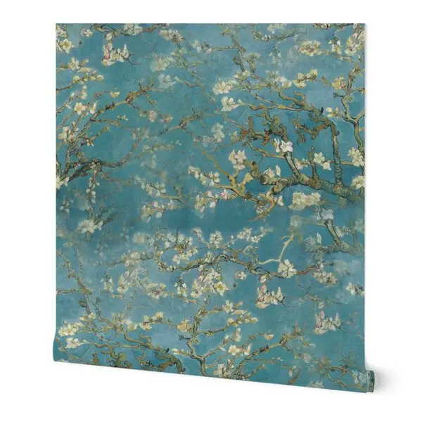 Spoonflower Vangogh Teal 100% Natural Sisal Grasscloth Wallcovering - Teal,blue