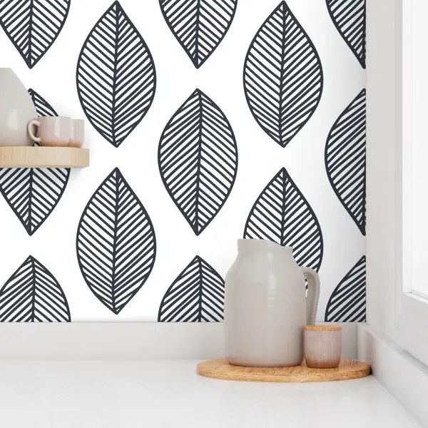 Spoonflower Botanical Leaves Nature Minimalist Lines Geometric Custom Pre-pasted Wallpaper